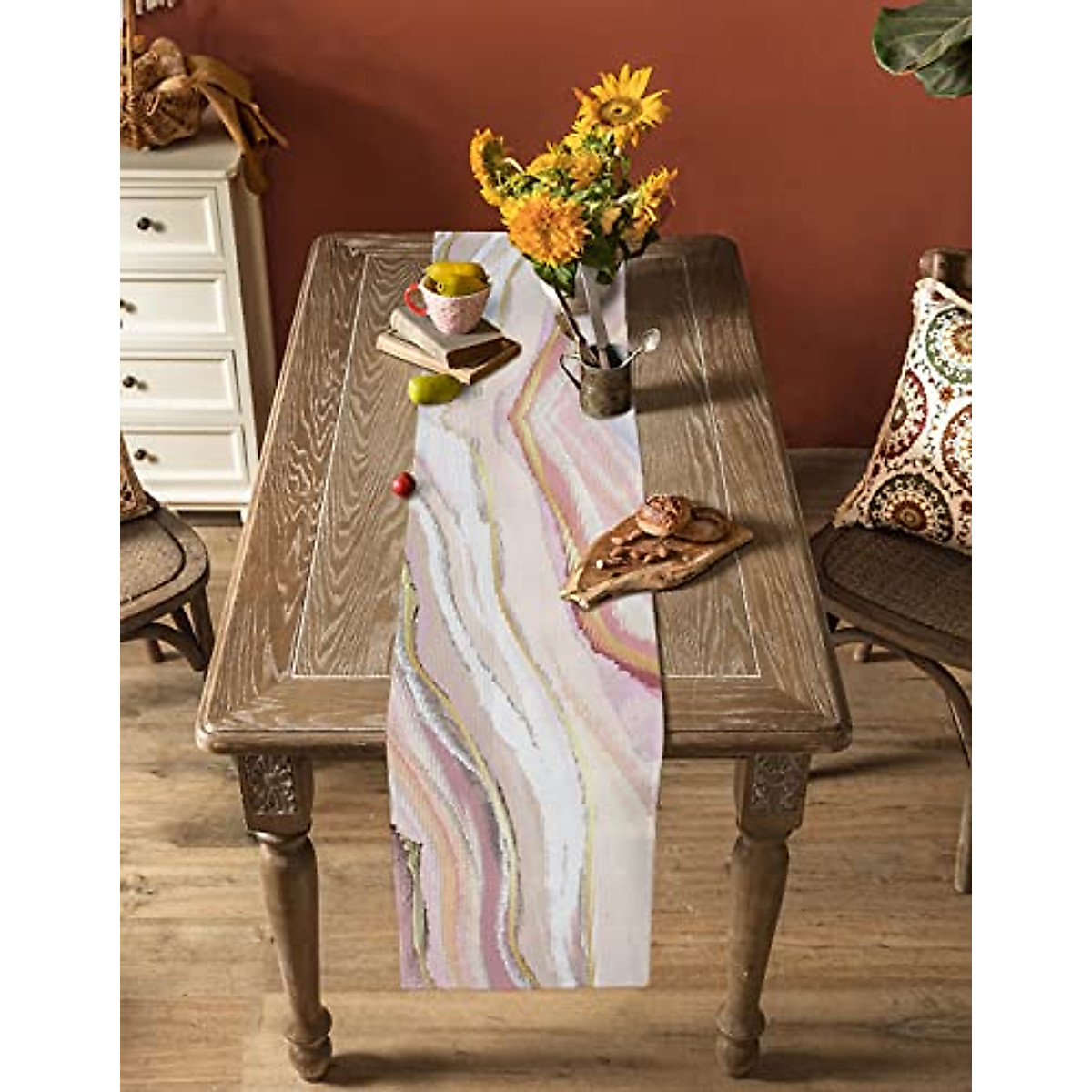 Lsrtoss Pink Yellow Ombre Table Runner 48 Inches Long Farmhouse Dress Scarves, Modern Marble Abstract Art Geometric Dining Tablerunner for Coffee Table/Kitchen Island/Party Décor, 13" x 48"