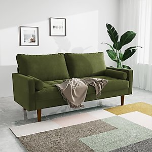 Meeyar 70 Inch Velvet Sofa, Comfy 3 Seater Loveseat Sofa Couch with Tufted Seat, Mid-Century Modern Upholstered with Two Throw Pillows, Couches for Living Room, Bedroom, Apartment, Olive Green