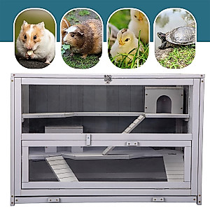 3 Story Guinea Pig Cages Wooden Indoor Hamster Cage w/ Chewing Toy, Hideout, Seesaws, Leak Proof Plastic Tray, Small Animal Cage for Ferret/Chinchilla/Bunny/Rabbit/Squirrel (35.5"L x 20.9"W x 24.4"H)
