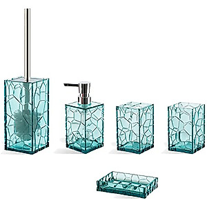 Acrylic Bathroom Accessories Set, 5 Piece Teal Blue Bathroom Vanity Accessory Set with Toothbrush Holder Tumbler Soap Dispenser Soap Dish Toilet Brush Set, Elegant Bathroom Decor and Gift Set
