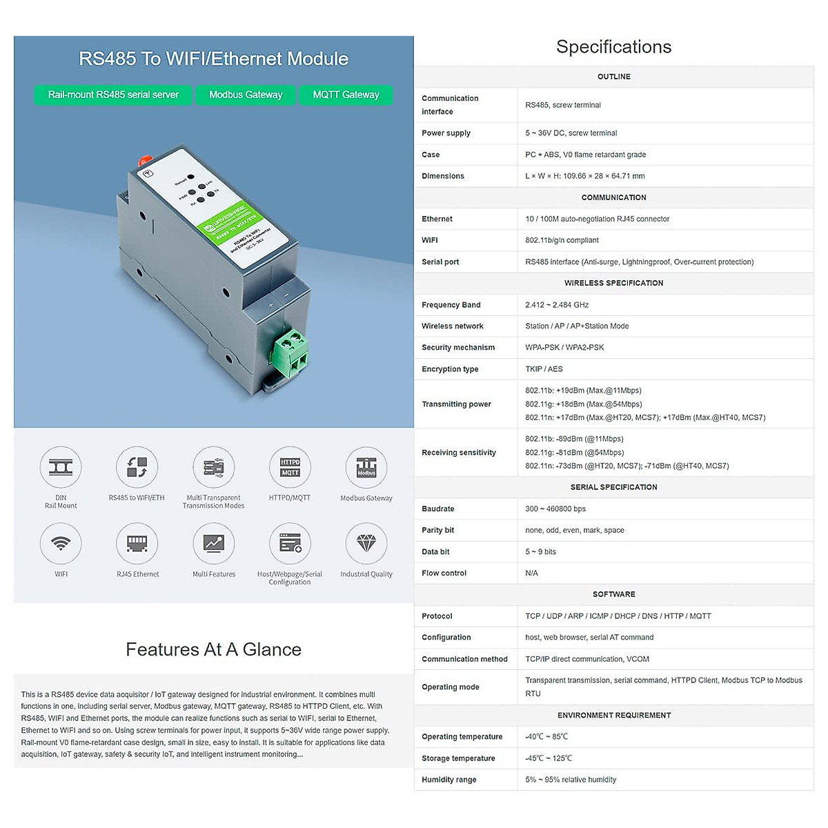 RS485 to WiFi/Ethernet Module, Rail-Mount Serial Server, Modbus MQTT Gateway, Support 802.11b/g/n Wireless Standards, Support RS485 to WiFi, RS485 to Ethernet, Ethernet to WiFi, etc.