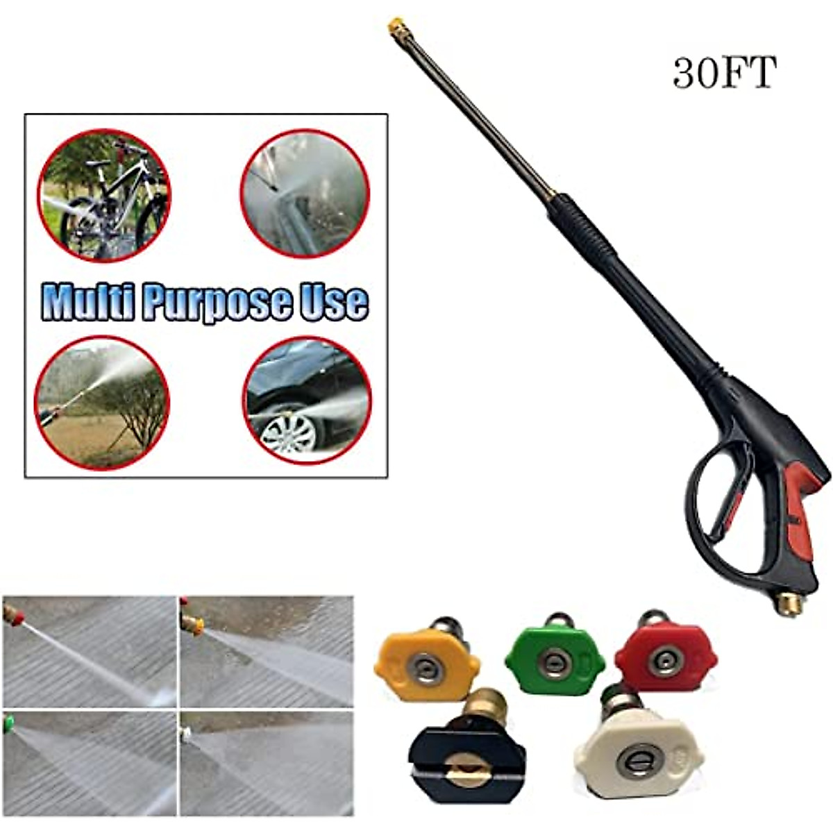 MECCTP 8-Part Pressure Washer Gun Replacement Kit, 30Ft Hose Wand Lance High Pressure Washer Gun Power Spray Gun 4000 psi with 5 Nozzle Tips for Daily and Professional Use