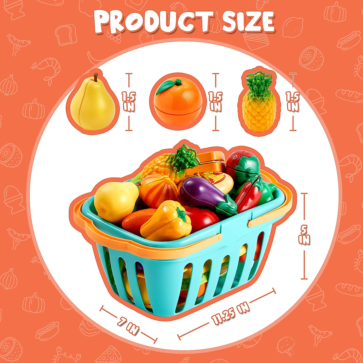 JOYIN 68Pcs Cutting Play Food Toy for Toddlers Kitchen, Fake Food for Kids Play Kitchen, Includes Plastic Fruit &Vegetables, Storage Basket, Mini Dishes and Knife, Pretend Play Toys, Toddler Gifts
