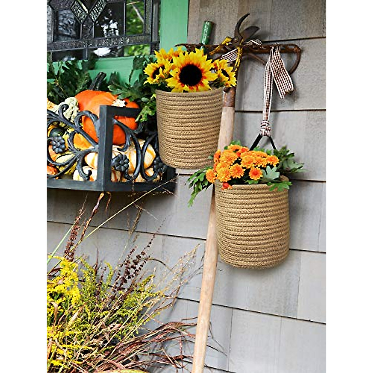 Goodpick 2pack Jute Hanging Basket - Small Woven Fern Hanging Rope Basket Flower Plants Wall Basket Decor Set Boho, 7.87 x 7 x 11.7 inches