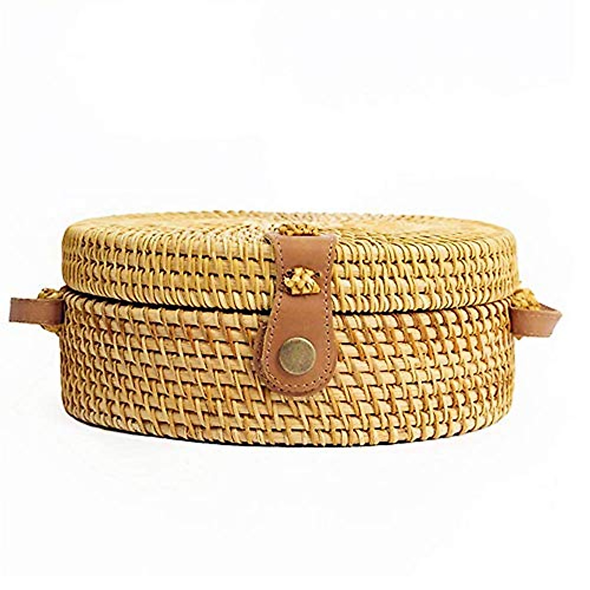 Kbinter Handwoven Round Rattan Straw Bag for Women Shoulder Leather Button Straps Natural Chic Handmade Boho Bag Bali Purse (1 Pack)