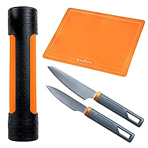 Blackstone 5433 Knife Roll Kit 1 Silicone Prep Mat, Integrated Salt and Pepper Shaker, 1 Large Prep Knife, 1 Small Prep Knife, 1 Containment Tube, Stainless Steel, Chef Travel Roll Bag/Case Orange
