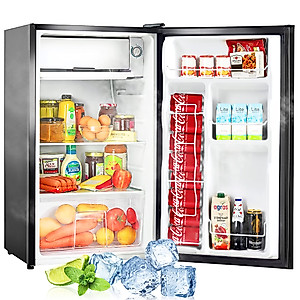 ARBELI Compact refrigerator with freezer, 3.2 Cu.ft Mini Fridge with Reversible Door, 5 Settings Temperature Adjustable for Kitchen, Bedroom, Dorm, Apartment, Bar, Office, RV Black
