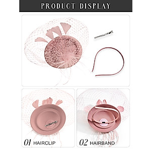 SWEETV Fascinators Pillbox Hats for Women, Tea Party Hat and Short Lace Gloves Set for Kentucky Derby, Cocktail, Wedding, Fancy Dress Party, Dusty Pink