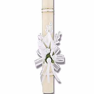 First Holy Communion Hand Decorated Taper Candle with White Faux Flowers and Ribbon, Catholic Gifts for Girls and Boys, Tall Candles, Cirio para Primera Comunion, 11.25 Inches