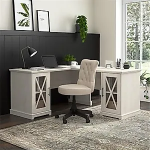 Bush Furniture Lennox Farmhouse L Shaped Desk with Storage Cabinets | Corner Computer Table for Home Office Workspace, 60W, Linen White Oak