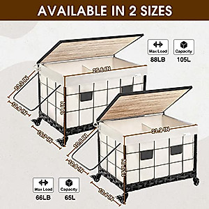 GREENSTELL Storage Basket with Wheels and Lid, 65L Handwoven Large Shelf Basket with Cotton Liner and Metal Frame, Foldable & Easy to Install, Storage Box Basket Bin with Handle Black