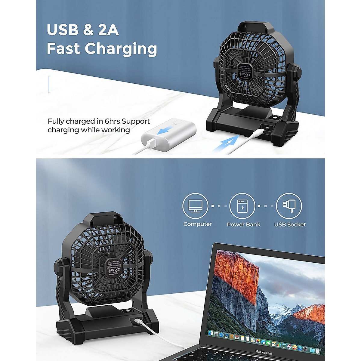 Camping Fan with LED Lantern, 10400 mAh 9 Inch Rechargeable Battery Powered Fan with 270°Head Rotation, Stepless Speed and Quiet Battery Operated Tent Fan for Picnic, Barbecue, Fishing, Travel, Home