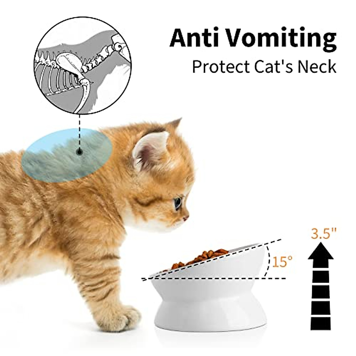 Nucookery Ceramic Cat Food Bowl Elevated,Raised Tilted Bowl Protect Pets' spines and Neck, Anti Vomiting Cat Bowl, Small Dog cat Kitten Supplies (5“, Pure White)
