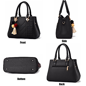 YOUNXSL Womens Leather Handbags Purses Top-handle Totes Satchel Shoulder Bag for Ladies with Pompon and Tassel Black