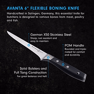 Messermeister Avanta 6” Flexible Boning Knife - German X50 Stainless Steel - Rust Resistant & Easy to Maintain