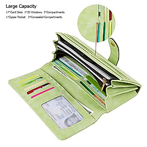 Cynure Women's Vegan Leather 17 Card Slots Card Holder Long Big Bifold Wallet,Light Green
