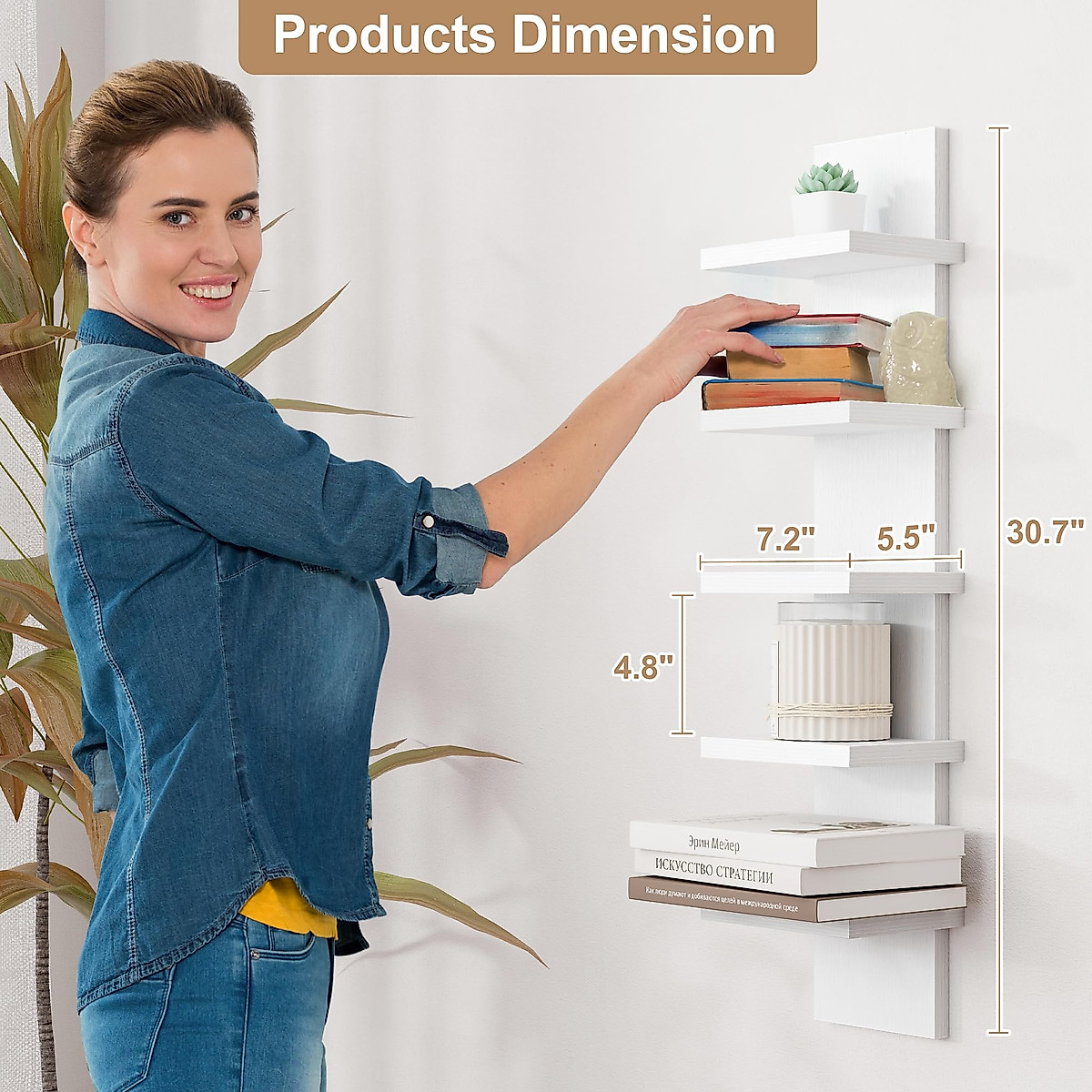 5 Tier Wall Shelf Unit, Decorative Wall Mount Vertical Shelving, Floating Storage Home Decor Organizer Tall Tower Design Utility Shelving Bedroom Living Room, Morden White