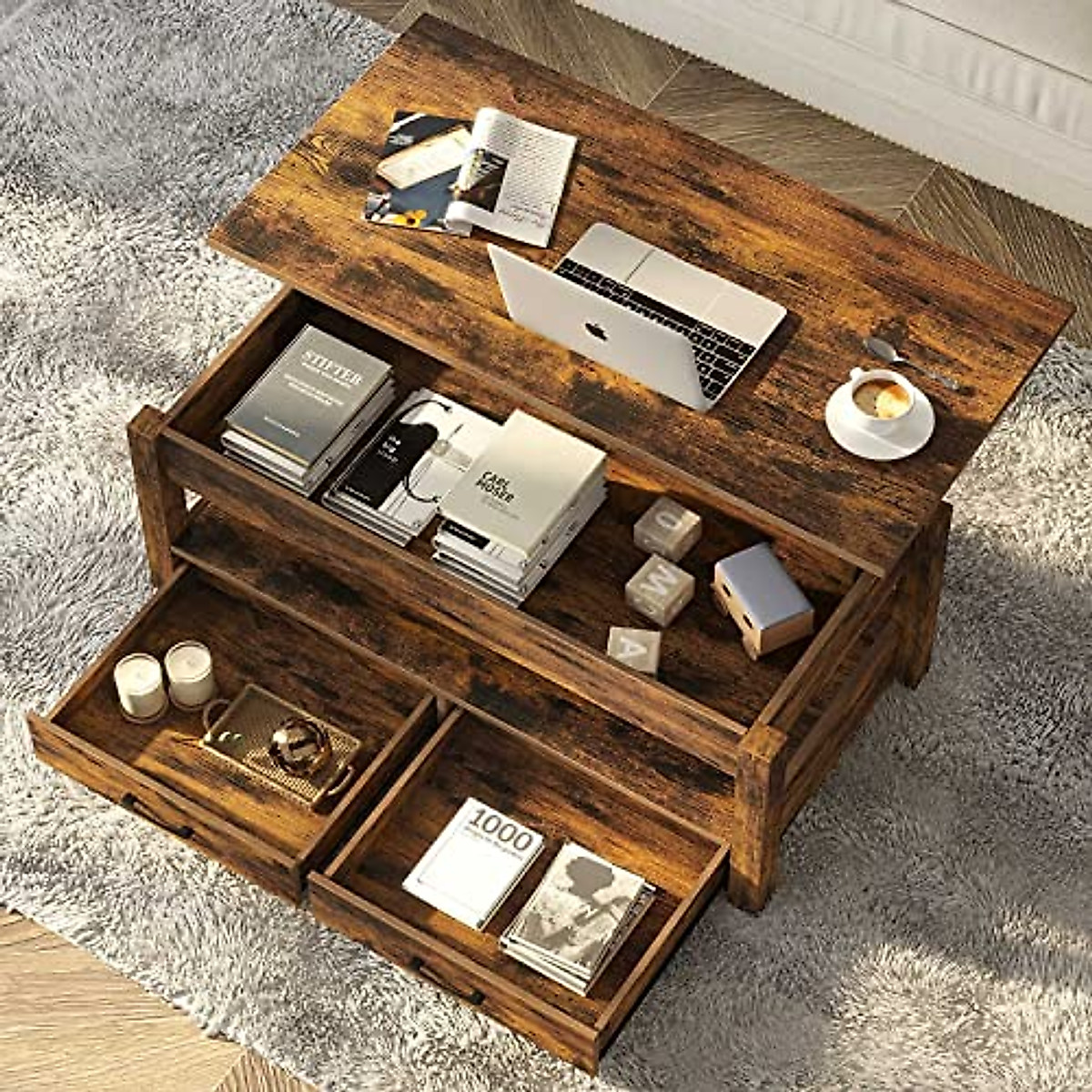 Rolanstar 47" Lift Top Coffee Table with Drawers and Hidden Compartment, Retro Central Table with Wooden Lift Tabletop, for Living Room, Rustic Brown
