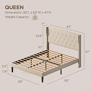 Aiho Queen Size Bed Frame with Headboard, Upholstered Bed Frame with Solid Wooden Slats, Under Bed Storage, No Box Spring Needed, Noise-Free, Easy Assembly, Beige