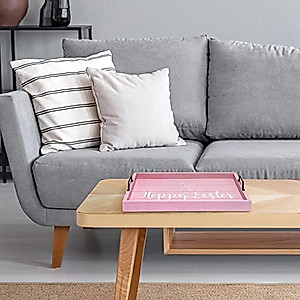 Elegant Designs HG2000-LPE Decorative Wood Serving Tray w/ Handles, 15.50'' x 12'', Hoppy Easter, Light Pink