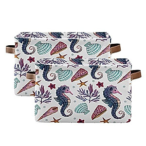 AUUXVA Ocean Starfish Seahorse Shell Storage Bins Basket, Nautical Sea Life Theme Collapsible Storage Cube Rectangle Storage Box with Handles for Shelf Closet Nursery Bedroom Home Office 1 Pack