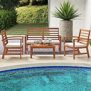 Tangkula 4 Pieces Outdoor Furniture Set, Acacia Wood Conversation Set w/Soft Seat Cushions, Stable Acacia Wood Frame, Patio Sofa & Coffee Table Set for Backyard, Porch, Poolside (White)