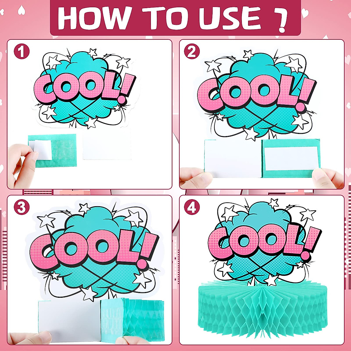 8 Pcs Hero Girl Party Supplies Hero Honeycomb Action Sign Pink Table Topper Centerpiece Paper Cardboard Cutouts for Happy Birthday Baby Girl Shower Party Favor