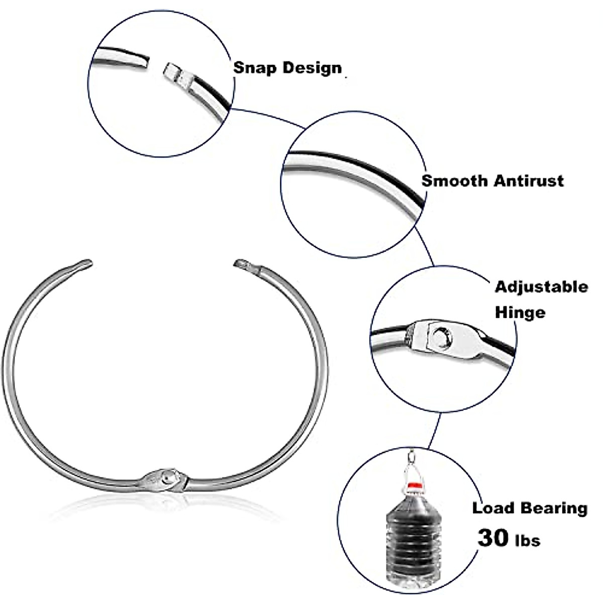 ZESLMG 24 PCS Chrome Shower Curtain Rings and Hooks, Rustproof Silver Metal Shower Rings for Bathroom, 2 Inch Loose Leaf Binder Rings