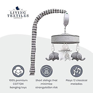 Living Textiles Baby Musical Mobile - Grey Elephants | Crib Toy, Knitted Hanging Toys, Nursery Decor, Calming Soother with 12 Lullabies | Baby Essential and Perfect Baby Toy for Boys and Girls