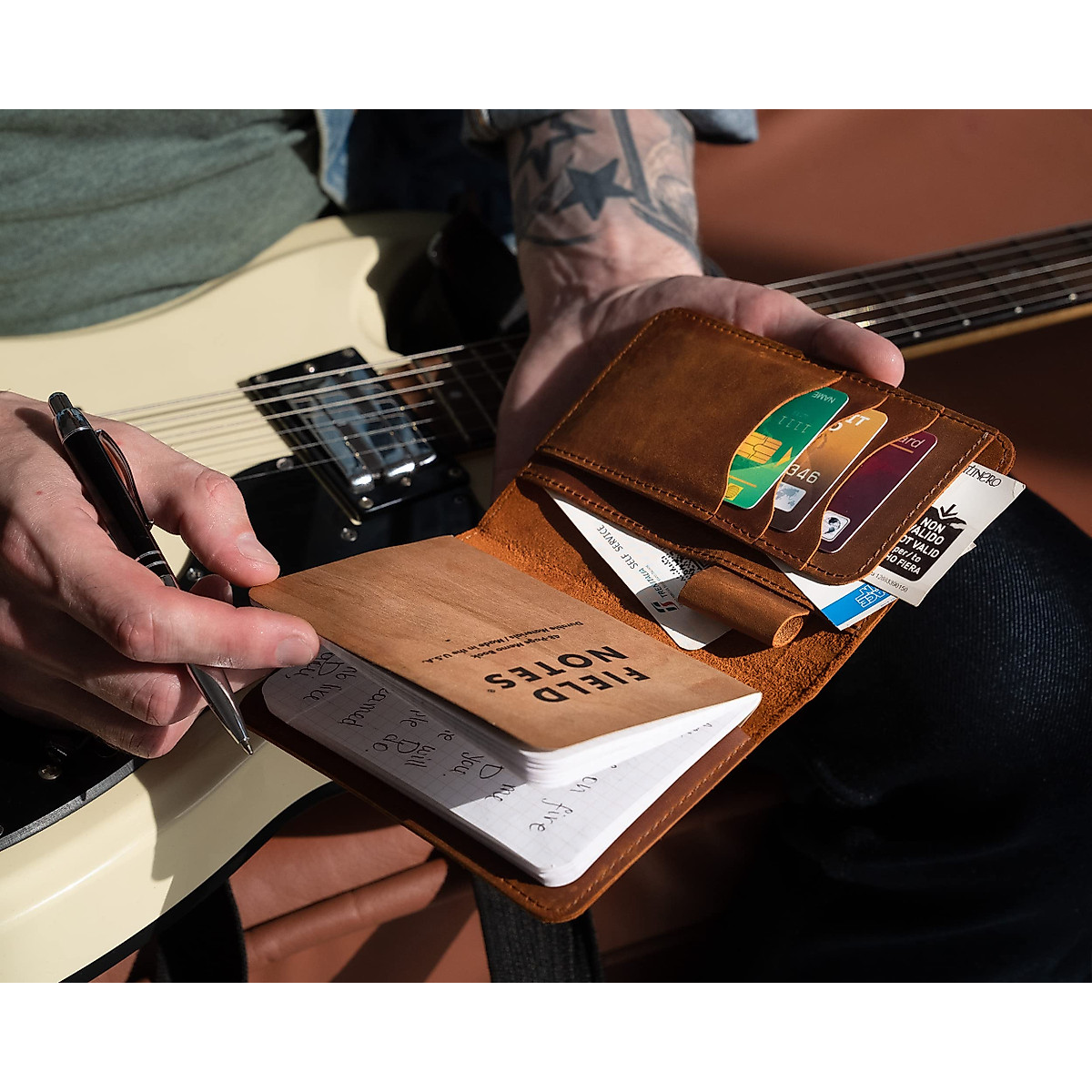 Leather Journal Cover for Moleskine Cahier Notebook Pocket size with pen holder 3.5" x 5.5" Personalized Refillable Cover Compatible with Field Notes