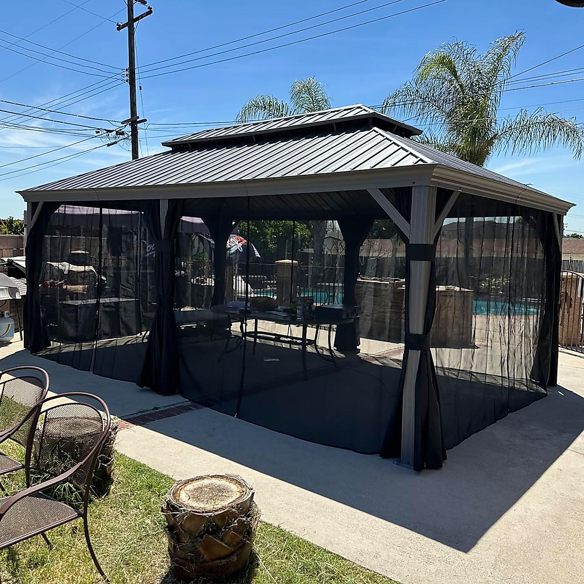 PURPLE LEAF 12' x 20' Permanent Hardtop Gazebo with Galvanized Steel Double Roof and Aluminum Frames Outdoor Large Pavilion Gazebo for Patio Deck Garden, Netting and Curtains Included, Light Grey