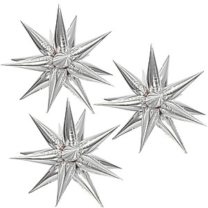 CYMYLAR 3pcs 26inch 3D Explosion Star foil balloon, Silver Foil Cone Starburst Balloons for Birthday Wedding New Year Party Event