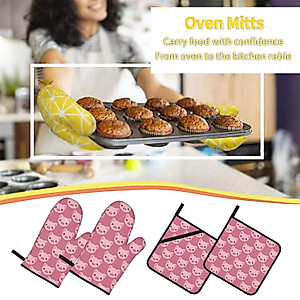 Pink Pig Oven Mitts and Pot Holders Set of 4 Washable Heat Resistant Kitchen Gloves Waterproof Oven Gloves and Hot Pads for Cooking Grilling BBQ Baking