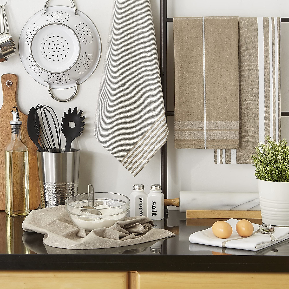 DII Assorted Woven Dishtowel Collection Classic Oversized, 20x28, Stone, 5 Piece