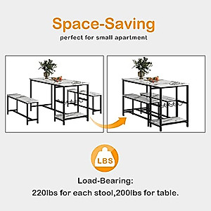 Dining Table Set for 4, 3 Piece Kitchen Table and Chairs Set with 2 Benches, Small Kitchen Table Set with Wine Rack and Glass Holder, Rustic Metal Frame for Breakfast Nook Apartment (White Statuario)