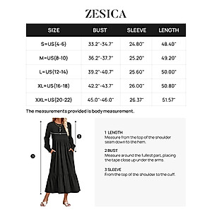 ZESICA Women's Spring Long Sleeve Dress 2025 Crewneck Casual Loose Pleated Tiered Swing Midi Dresses with Pockets,Black,Large