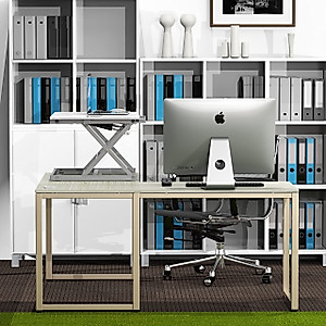 SHW 32-Inch Height Adjustable Standing Desk Converter Riser Workstation with Drawer, White