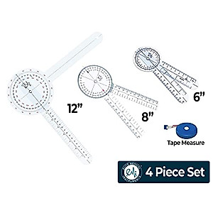 EMI Goniometer Physical Therapy 4 Piece Set EGM-429TM - 12", 8", 6", and Tape Measure