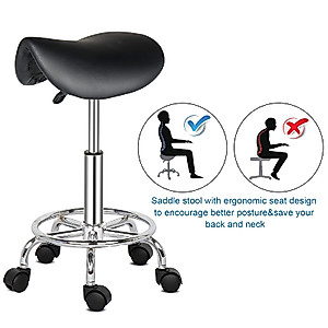 WEI WEI GLOBAL Adjustable Spa Stool, PU Leather Cushioned Salon Seat, Rolling Swivel Office Chair, Massage Barber Stool on Wheels for Drafting Tattoo Beauty Facial Spa (Saddle, Black)