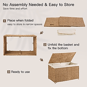 PrimeZone Double Storage Basket With Lid - 160L(42.3 Gallon) Seagrass Woven Rattan Laundry Hamper, Large Foldable Toy Box Blanket Storage Bin Trunk with Removable Liner for Bedroom, Bathoom, Natural