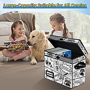 YNSZAS Comic Book Storage, Comic Book Box, 15.8" X 7.8" X 11.8", Collapsible Comic Short Box, Holds 160-180 Comic Book, Heavy Duty Comic Book Bin Container Holder Shelf (Cartoon Rocket)