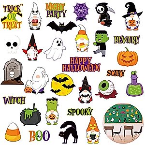 Haooryx 65Pcs Halloween Bulletin Board Nametag Set Decoration Cut Out, Colorful Paper Patterned Cut-Outs Blackboard Border Trim for Halloween Party Home School Classroom Whiteboard Window Wall Decor