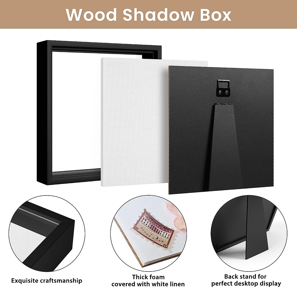 Califortree 8x8 Shadow Box Frame with Soft Linen Back - Push Pins Included, Memory Box Display Case for Flower, Tickets and 3D Items, Black