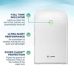 Pure Guardian DH201WCA Small Room Dehumidifier for Allergen and Odor Control in Closets, Kitchens, Laundry Rooms, and Bathrooms, Ultra-Quiet and Space-Saving, PureGuardian