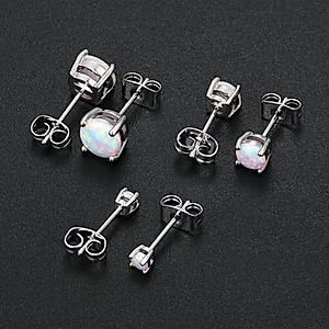 GEMSME 18K White Gold Plated 3/5/7mm Round Opal Stud Earrings Pack of 3