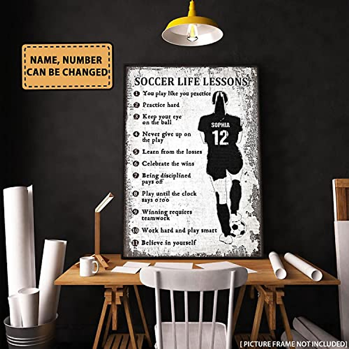 365FURY Soccer Life Lessons Poster with Personalized Name and Number Wall Art For Girls Room Perfect Gifts For Birthday Anniversary Holidays Rustic Picture Without Frame