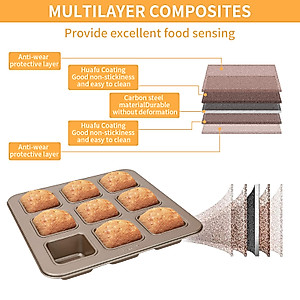 Brownie Pan, 9-Cavity Non-Stick Brownie Pans Square Muffin Pan, Heavy-Weight Carbon Steel Bakeware for Oven Baking, 11"X 11" X 1.6", Champagne Gold