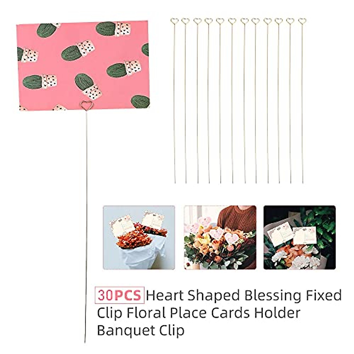 Tinsow 30 Pcs Metal Floral Place Card Holder, 13.4 Inch Heart Shape Flower Picks Clip for Floral Arrangement, Golden Gift Card Holder for Wedding and Party (Hearts)
