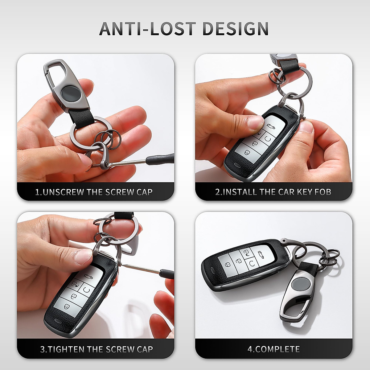 Gkeygo Carabiner Keychain, Key Chains for Car Key with 2 Key Rings and Anti-Lost D-Ring, Multifunctional Leather Keychains for Men and Women – Grey(Black Leather)