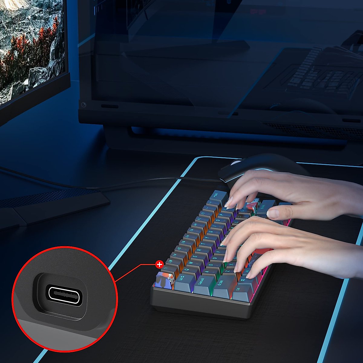 Mosptnspg Protable 60% Percent Gaming Keyboard Mechanical, Mini Compact RGB Backlit 61 Keys Wired Office Keyboard with Red Switch for Mac/Win (Monstor Black/red Switch 61)